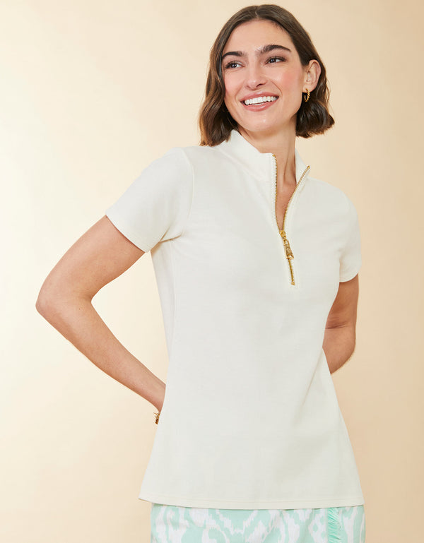 Serena Short Sleeve Half-Zip Pique Top Buttercream