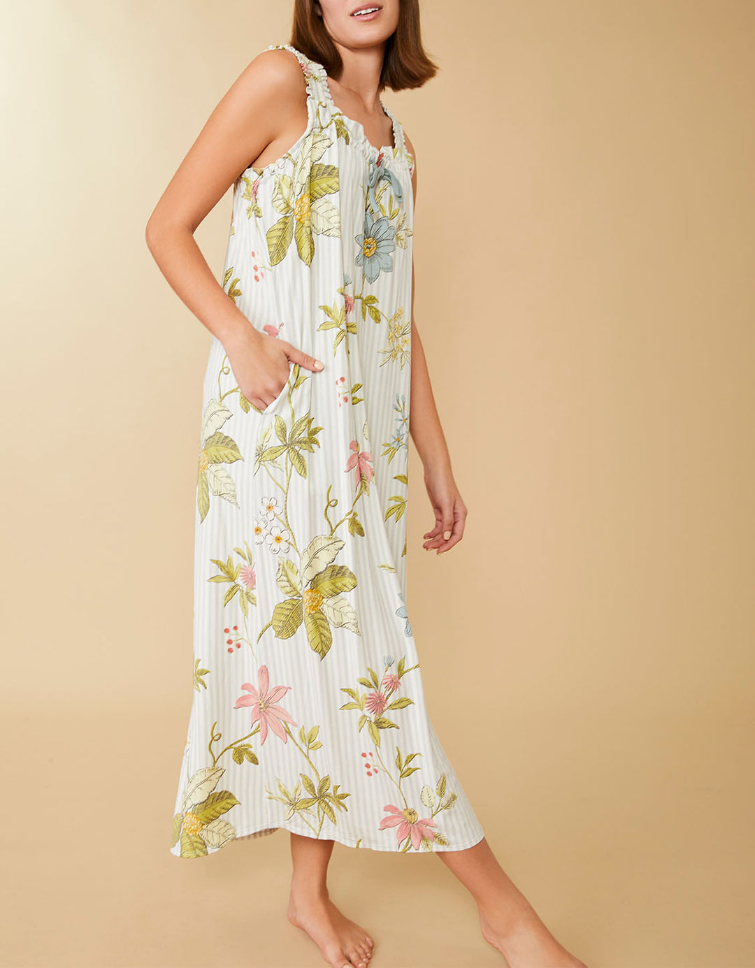 Sleeveless Nightgown Floral Vine Stripe Blue