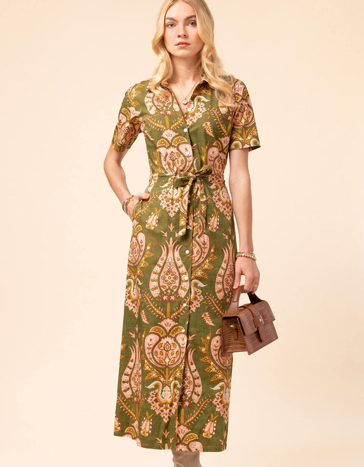Allison Midi Dress Mercer House Damask Olive