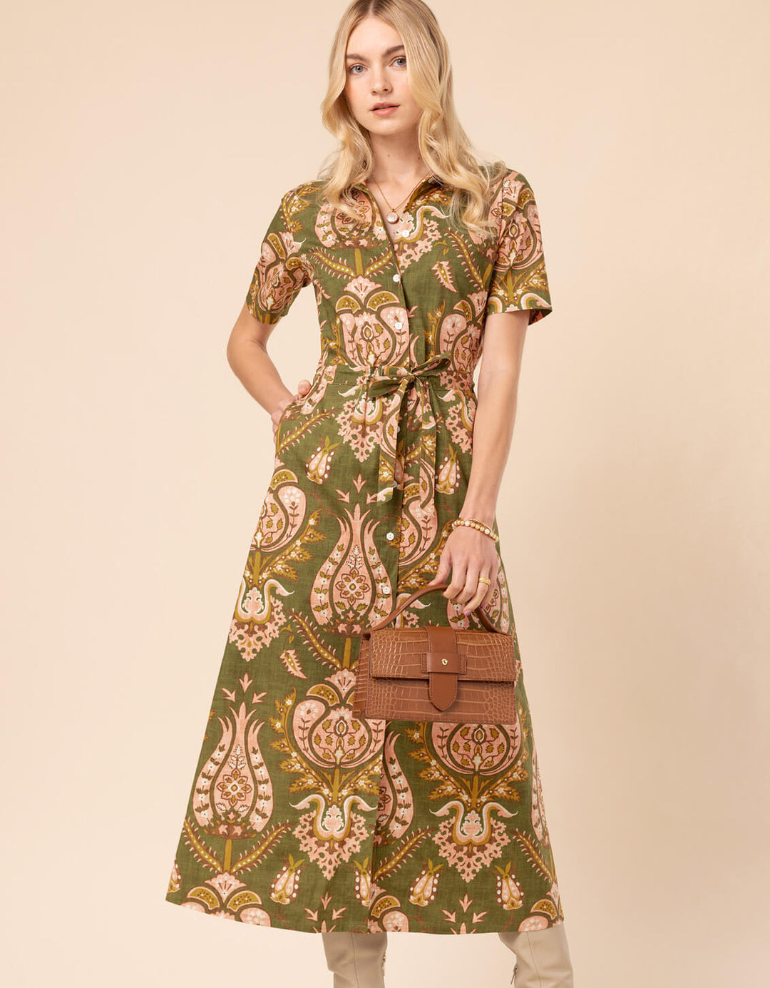 Allison Midi Dress Mercer House Damask Olive