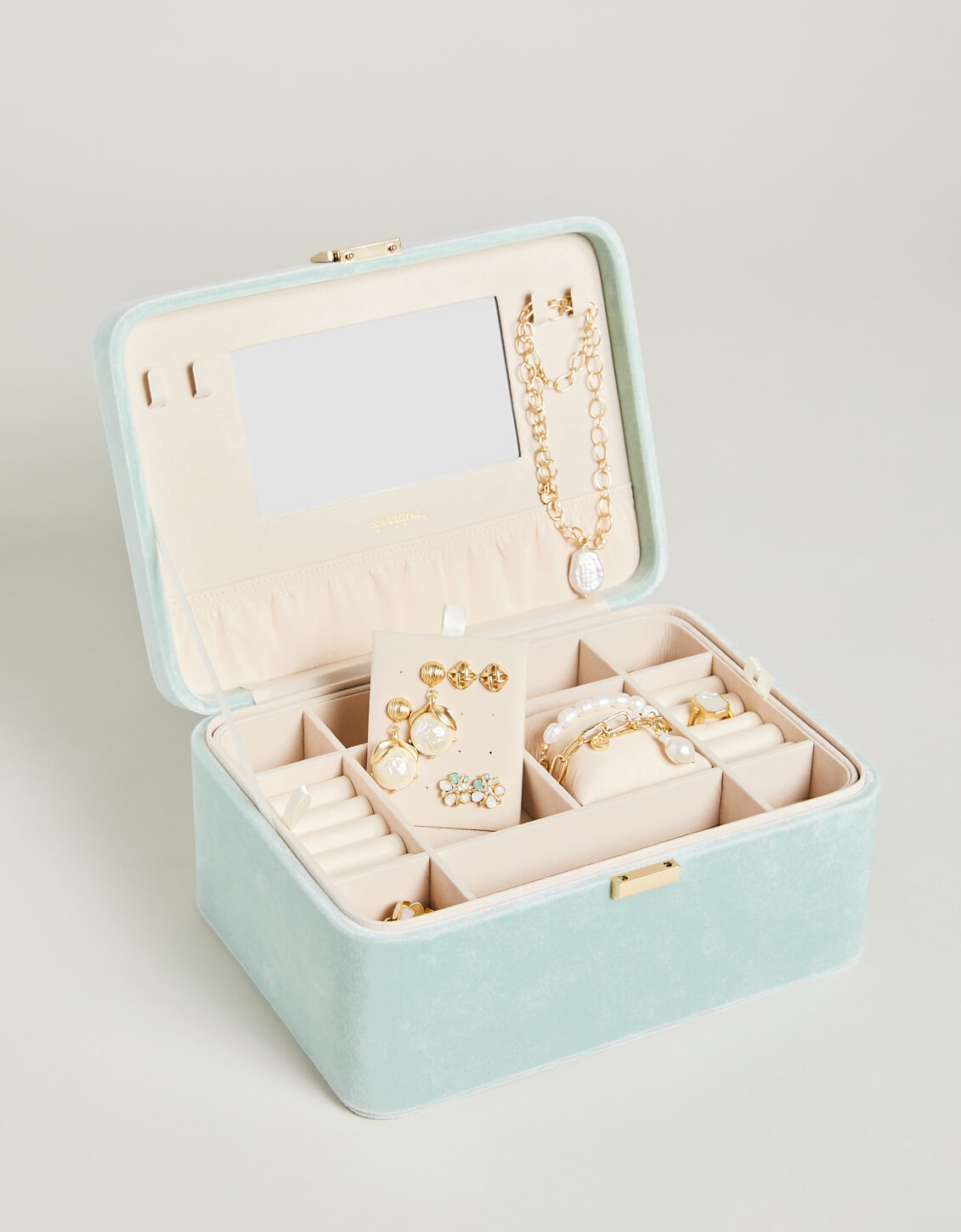 Medium Desktop Jewelry Case Sea Foam Velvet